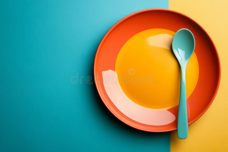 Empty Orange and Yellow Plate with a Turquoise Spoon on a Two-toned ...