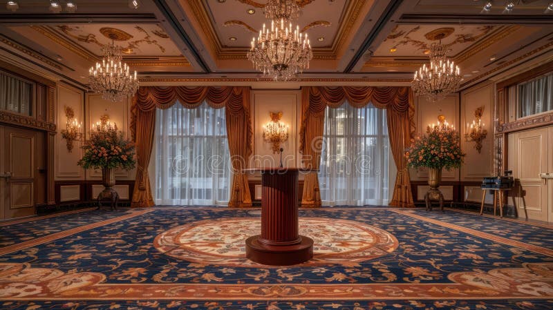 An Empty Ornate Ballroom with a Podium, Chandeliers, and Large Windows ...