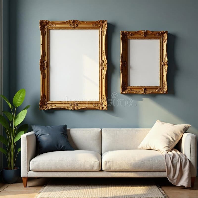 Empty Ornate Wooden Frames on Modern Wall, Luxury Room Setting, Gallery ...