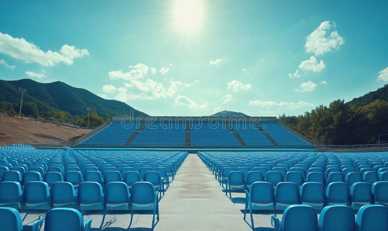 Empty Outdoor Amphitheater with Blue Seats Under Bright Sun and Clear ...