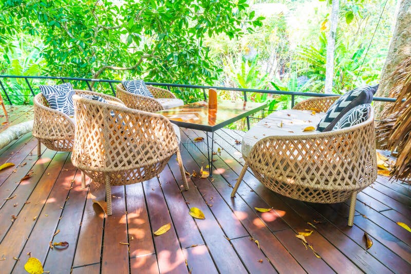 Empty Outdoor Patio Table and Chair with Cushions Stock Photo - Image ...