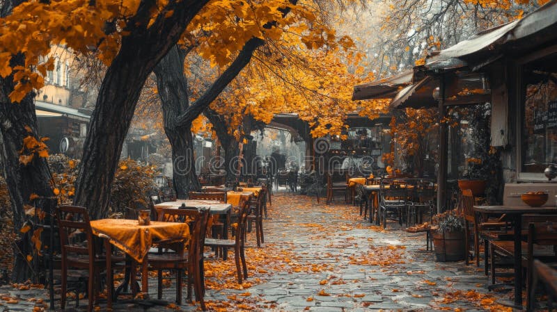 Empty Outdoor Tables at a Restaurant with Fall Foliage Stock ...