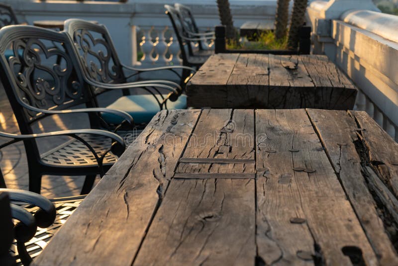 Empty Outdoor Wood Table in Coffee Shop Stock Image - Image of shop ...