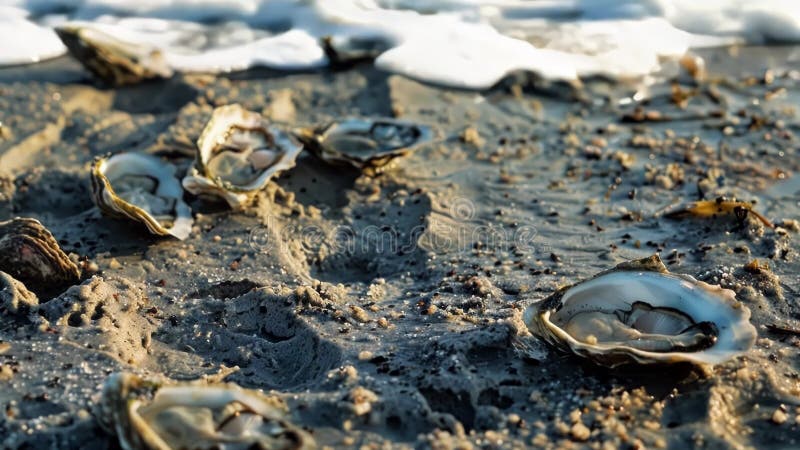 Empty Oyster Shells Lying on a Sandy Beach at Sunset Stock Footage ...