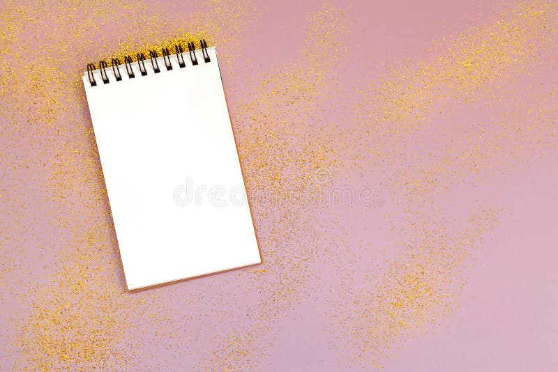 Empty Pad with Gold Sparkles, Stars and Glitters on Pink Background ...