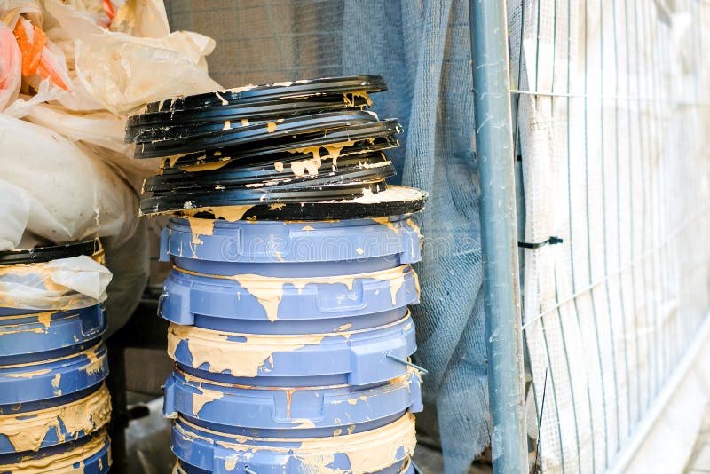 Empty Paint Buckets, Construction Waste, Construction. Selective Focus ...