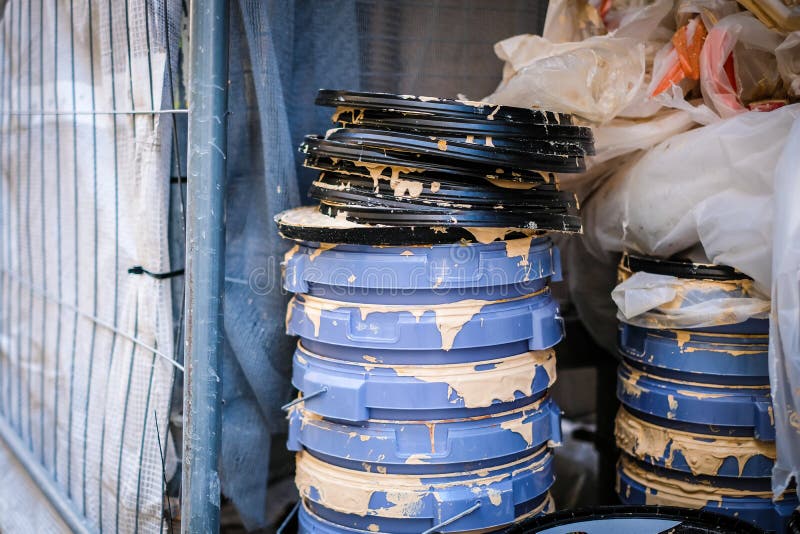 Empty Paint Buckets, Construction Waste, Construction. Selective Focus ...