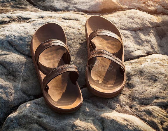 An Empty Pair of Sandals or Bare Footprints on a Stone Surface Stock ...