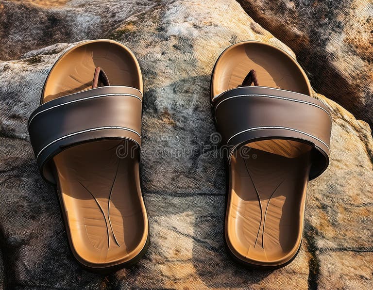 An Empty Pair of Sandals or Bare Footprints on a Stone Surface Stock ...