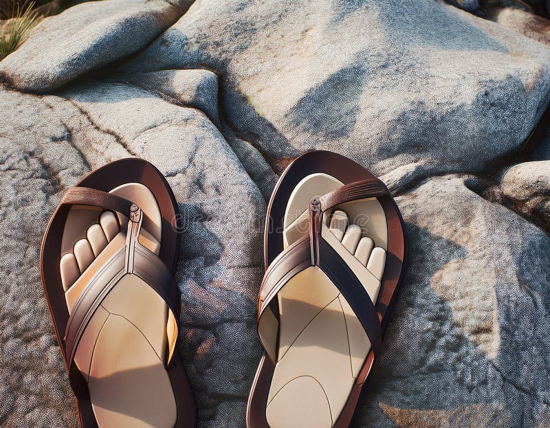 An Empty Pair of Sandals or Bare Footprints on a Stone Surface Stock ...