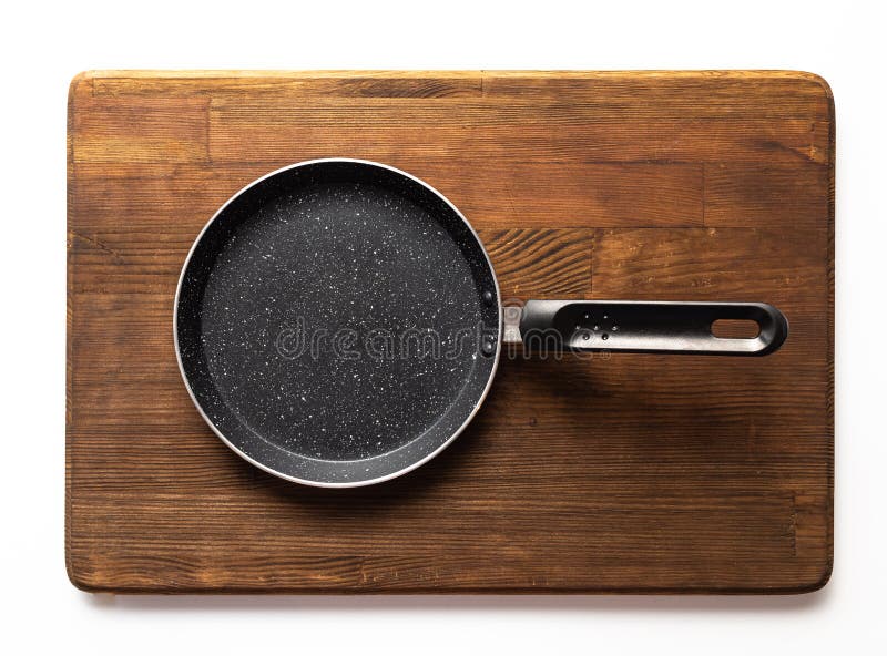 Empty Pan on Wood Board. Empty Marble Coated Iron Pot Stock Photo ...