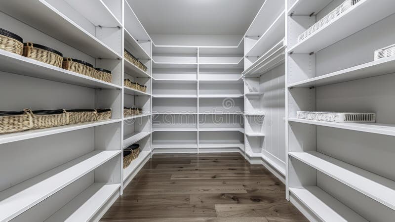 An Empty Pantry Boasts White Shelves Against a Rich Dark Wood Floor ...