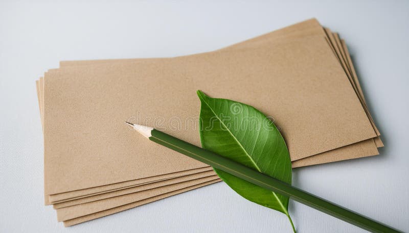 Empty Paper Craft Post Cards with Pencil and Green Leaf. Mock-up Stock ...