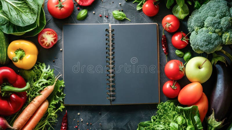 Empty Paper Notepad and Assorted Fresh Vegetables on Rustic Concrete ...