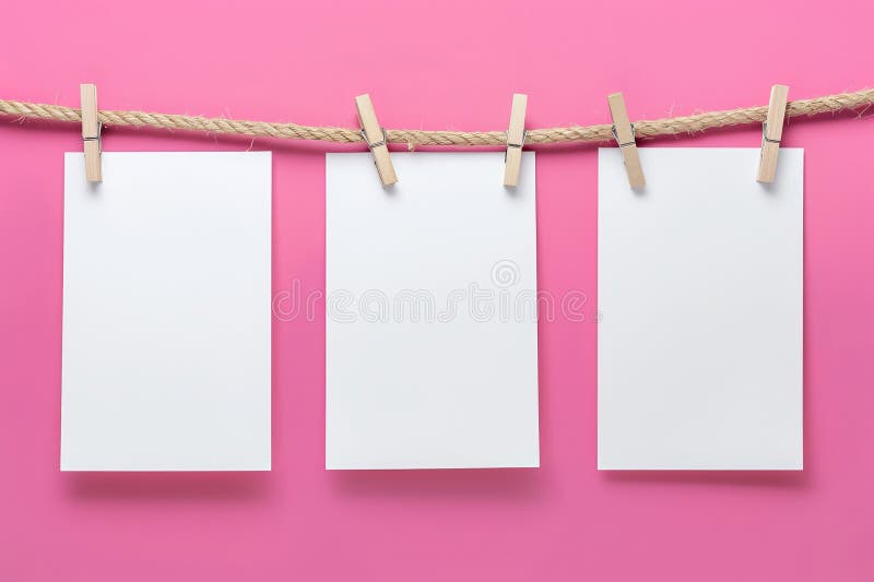 Empty Paper Sheet for Notes, on a Rope with Clothespins, on a Pink ...