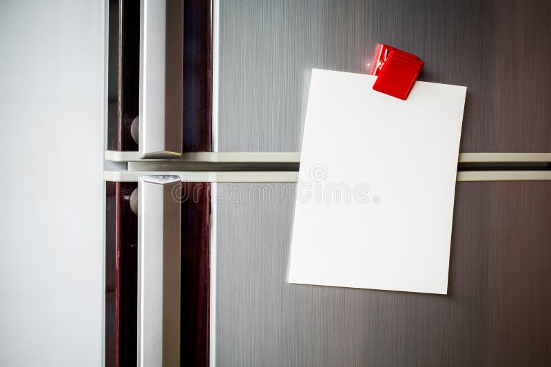 Empty Paper Sheet on Refrigerator Door with Magnetic Clip Paper Note ...