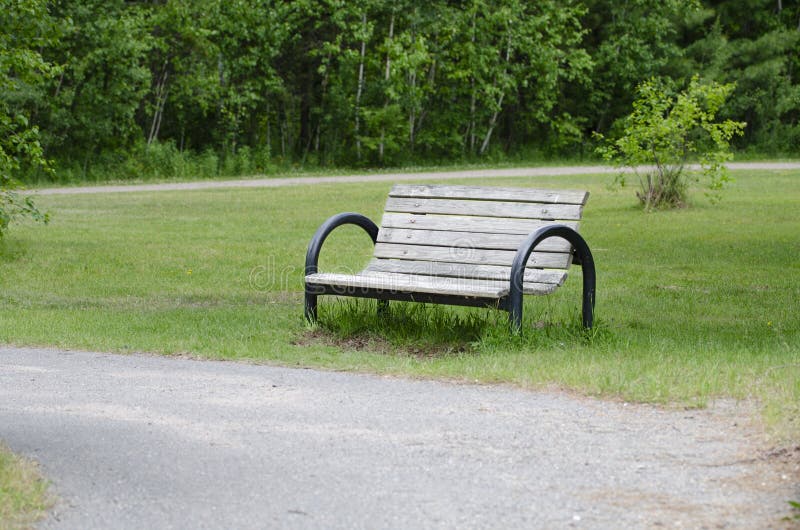 Empty Park Bench Along Paved Path Forest Background Stock Photos - Free ...