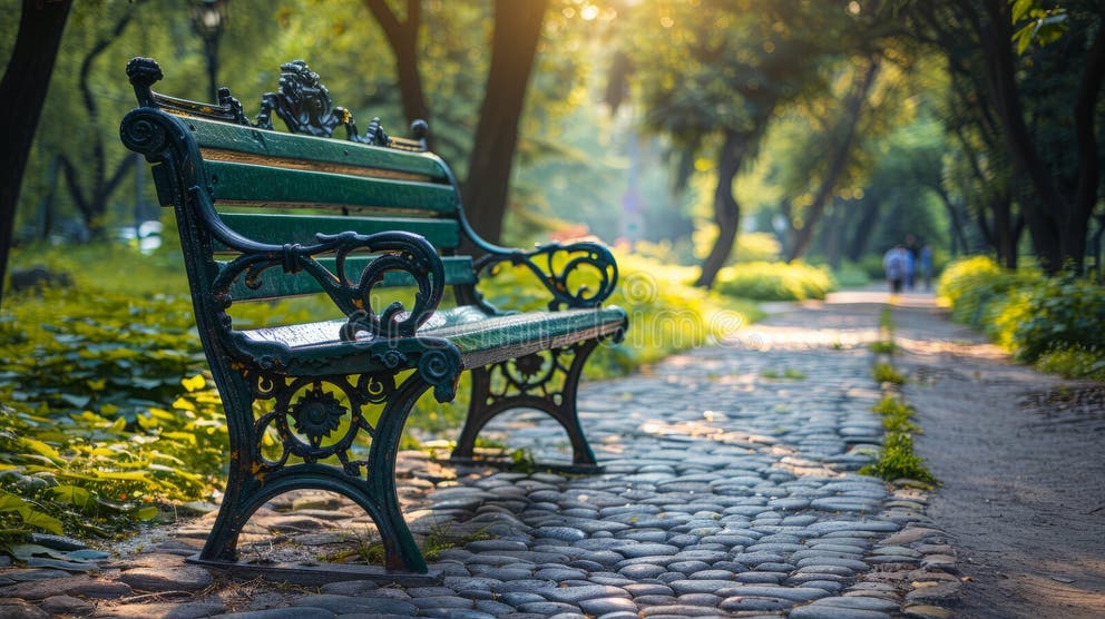 An Empty Park Bench Along a Sunlit, Cobblestone Path through Trees ...