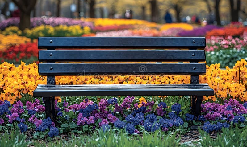 Empty Park Bench Amidst Vibrant Spring Flowers Stock Illustration ...