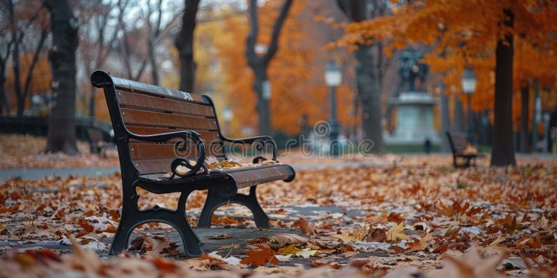 Empty Park Bench in Autumn with Vibrant Fall Foliage in Urban Setting ...