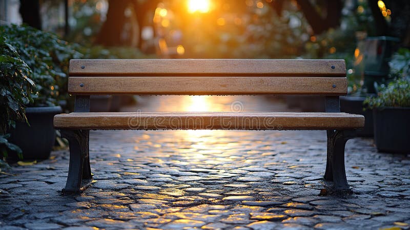 Empty Park Bench Bathed in Golden Sunset Light on Cobblestone Path ...
