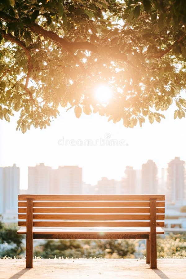 Empty Park Bench at Dawn Surrounded by Soft Light and City Skyline Stock Image - Image of ...