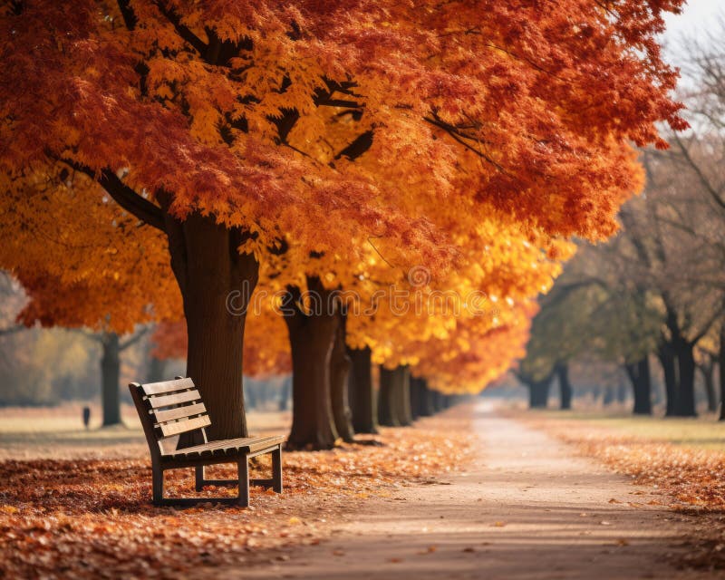 An Empty Park Bench in the Middle of an Autumn Tree Lined Walkway Stock ...