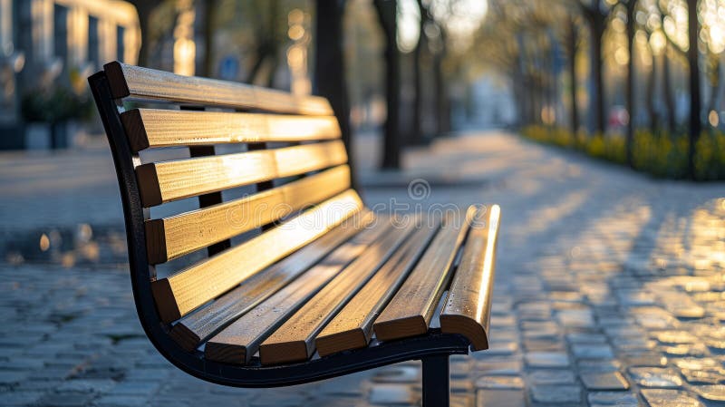Empty Park Bench in the Morning Sunlight on a Cobblestone Pathway ...