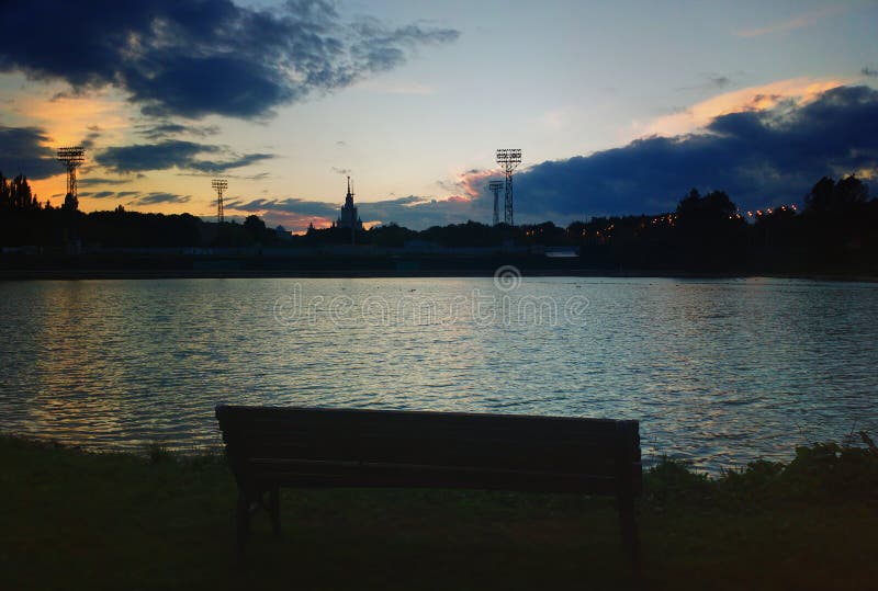 Empty Park Bench Near Lake Background Stock Photo - Image of vivid ...