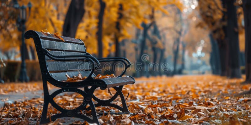 Empty Park Bench in Scenic Autumn Foliage with Fallen Leaves in ...