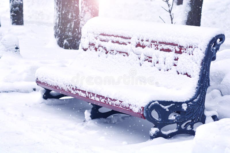 Empty park bench in snow. stock image. Image of bench - 135977667