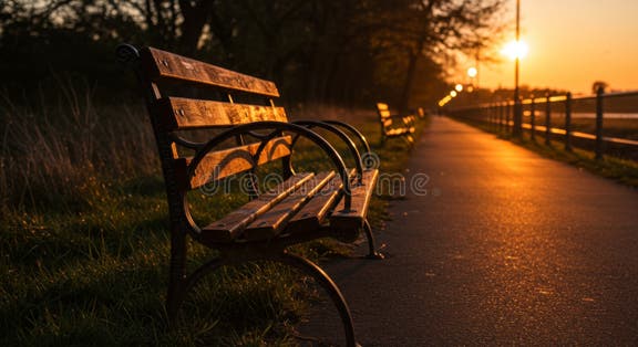 Empty Park Bench at Sunset stock illustration. Illustration of relaxing ...