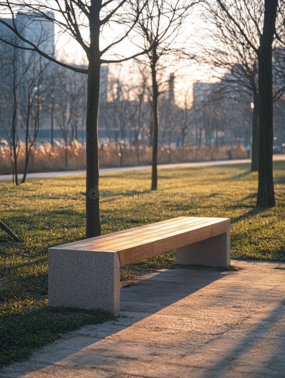 Empty Park Bench at Sunset in an Urban Park Setting Stock Image - Image ...