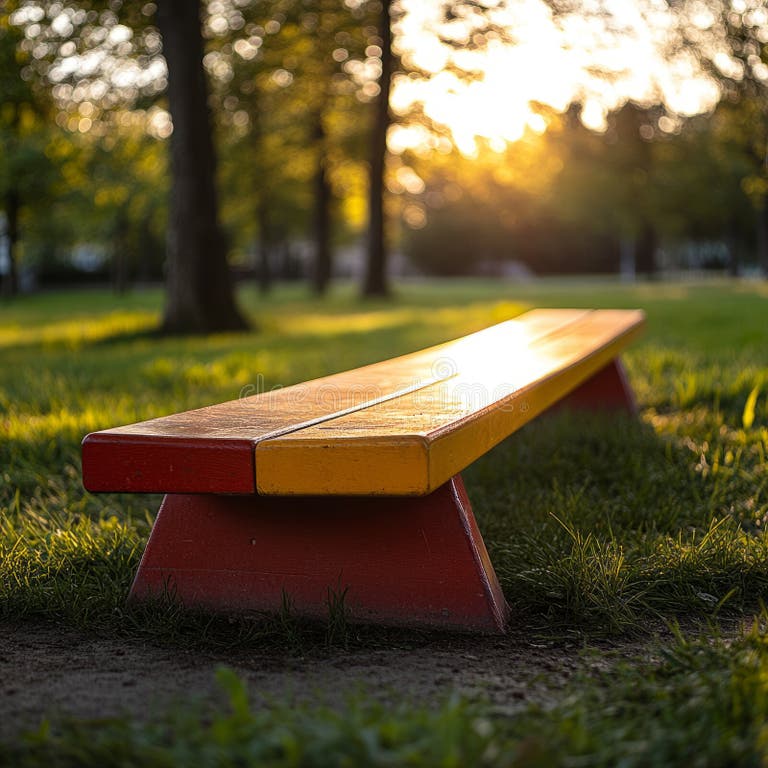 Empty Park Bench at Sunset with Warm Sunlight in the Background. Stock ...
