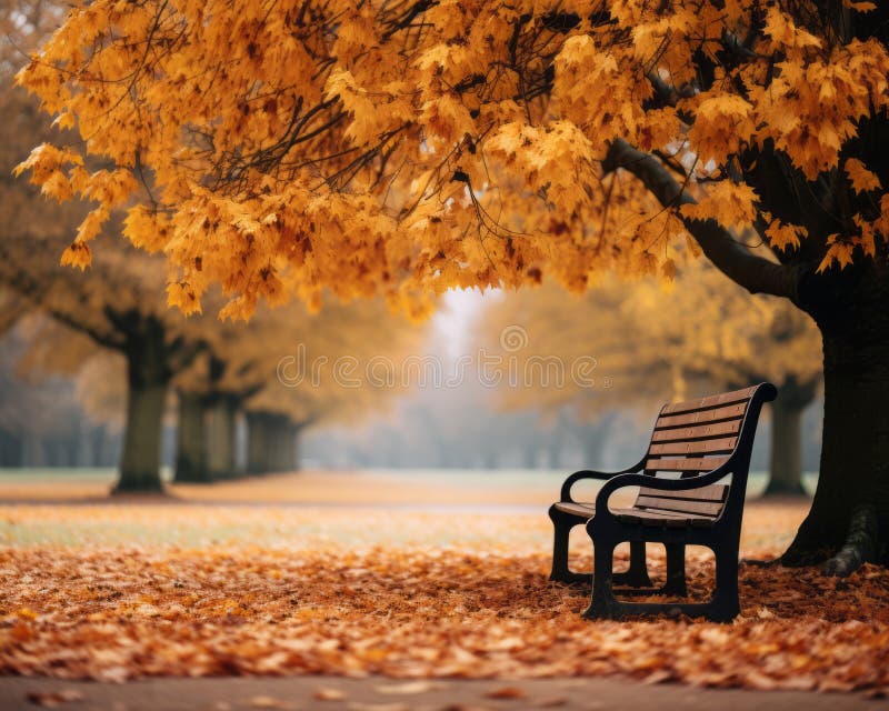 An Empty Park Bench Surrounded by Fallen Leaves Stock Illustration ...