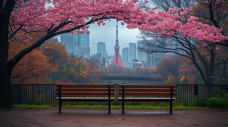 Empty Park Bench Under Blooming Cherry Blossoms Overlooking City ...