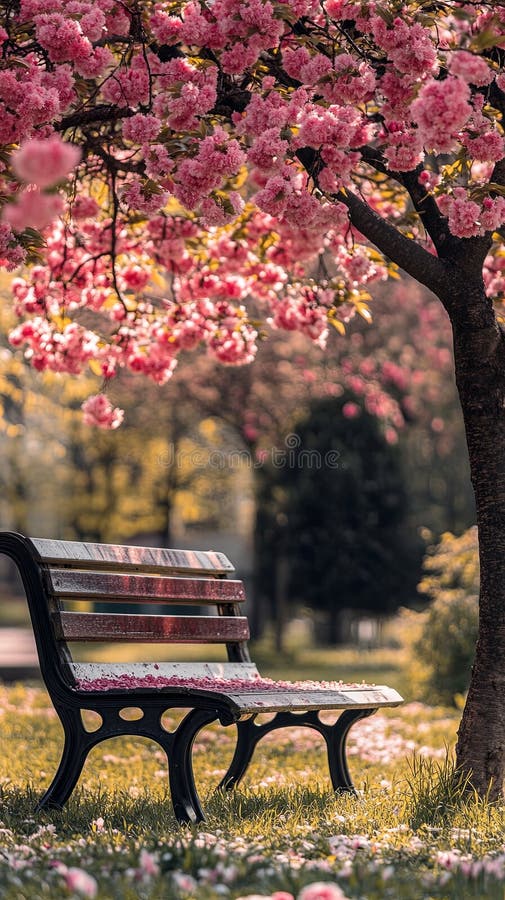 Empty Park Bench Under a Flowering Tree in Spring. Stock Photo - Image of outdoors, fall: 391582748