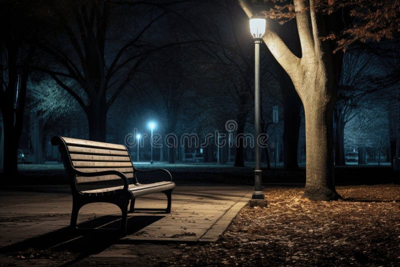 Empty Park Bench Under a Single Illuminated Lamp Stock Photo - Image of ...