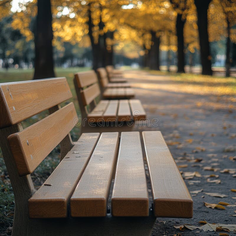 Empty Park Benches Lined Up in a Serene Autumn Setting. Stock Photo - Image of perspective, warm ...