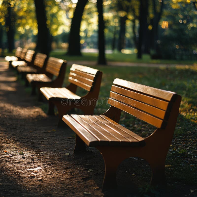 Empty Park Benches Lined Up on a Sunlit Path in Autumn. Stock Photo ...