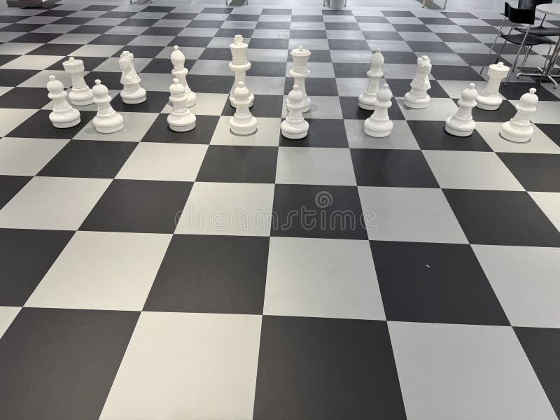 Empty Park with Big Chess Figures and Empty Chairs on Background ...