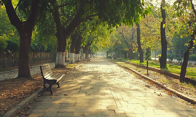 Empty Park Path with Bench, Trees, Sunlight Stock Illustration ...