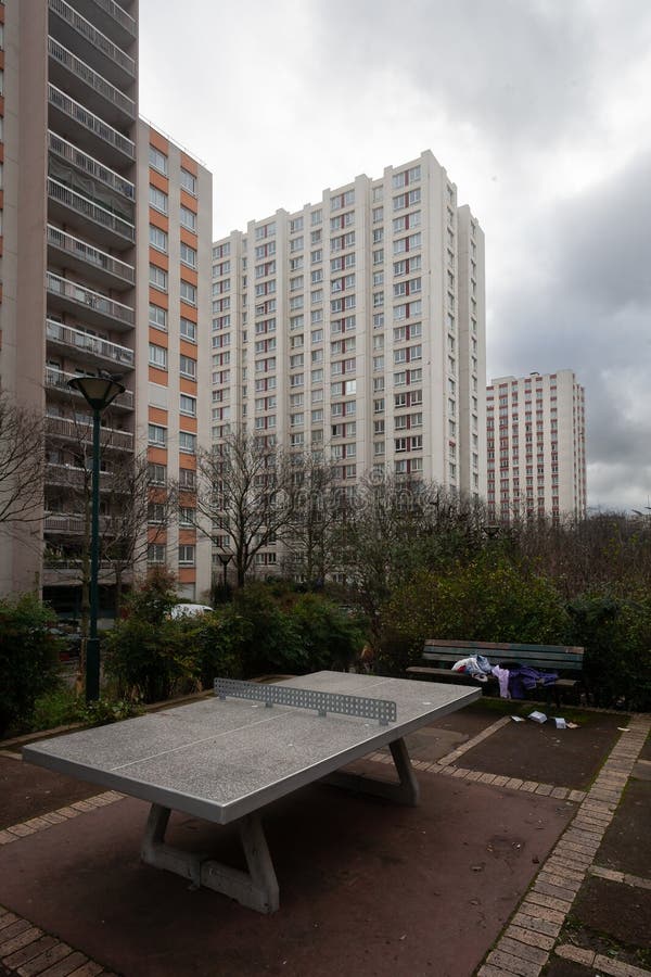 Empty Park with Tower Apartment Buildings in Paris Stock Image - Image ...