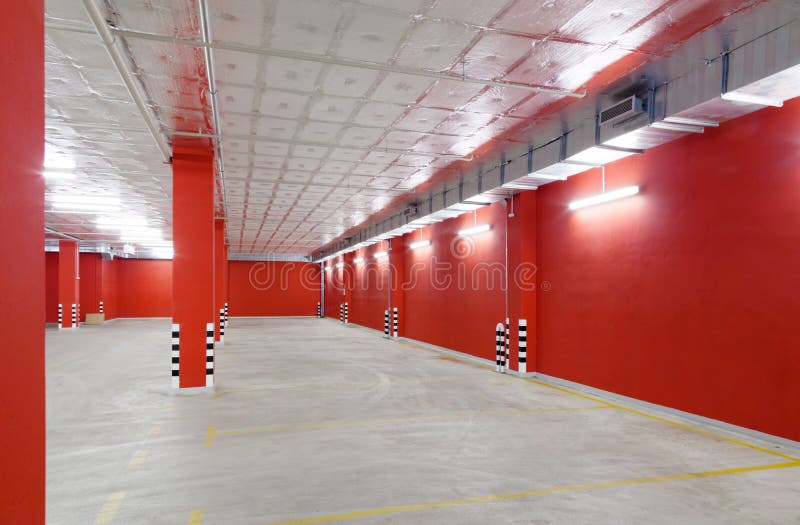 Empty Parking Area with Red Stock Photo - Image of lamp, inside: 41314730