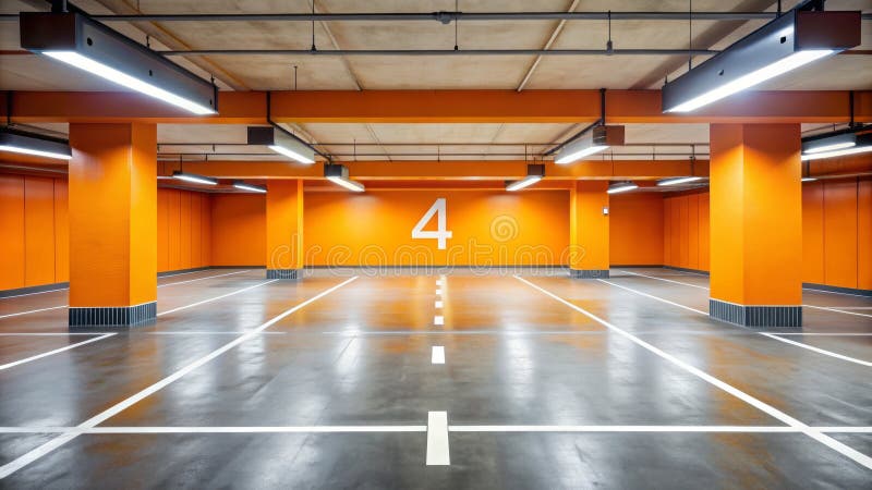 Empty Parking Garage Floor 4 Vacant Spaces Await in Bright Orange ...