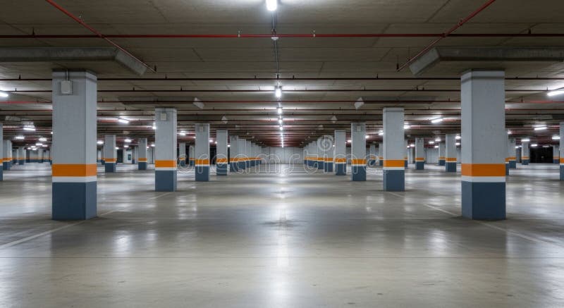 Empty Parking Garage with Orange and Blue Accented Columns and Overhead ...