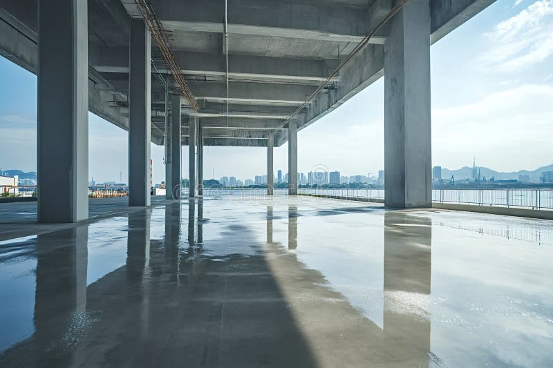 Empty Parking Garage Structure Overlooking Cityscape and River Stock ...