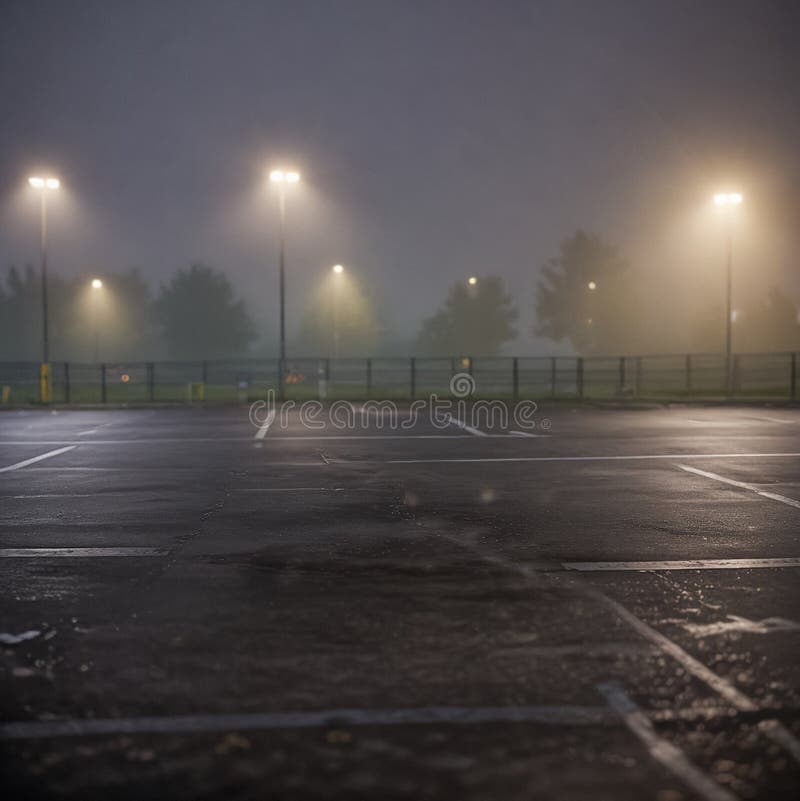 An Empty Parking Lot in the Evening in the Fog. Generative AI Stock Illustration - Illustration ...