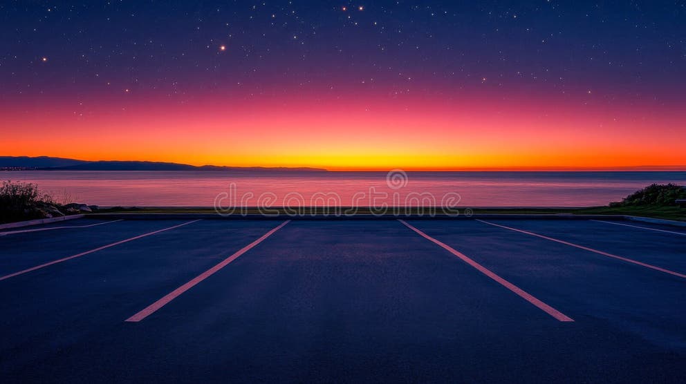 Empty Parking Lot at Sunset with Vibrant Night Sky Stock Illustration ...