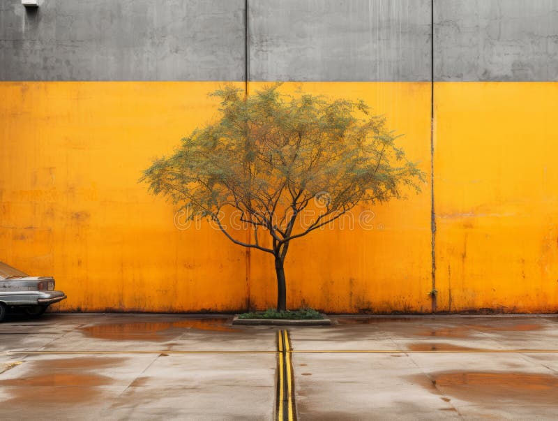 An Empty Parking Lot with a Tree in Front of a Yellow Wall Stock ...